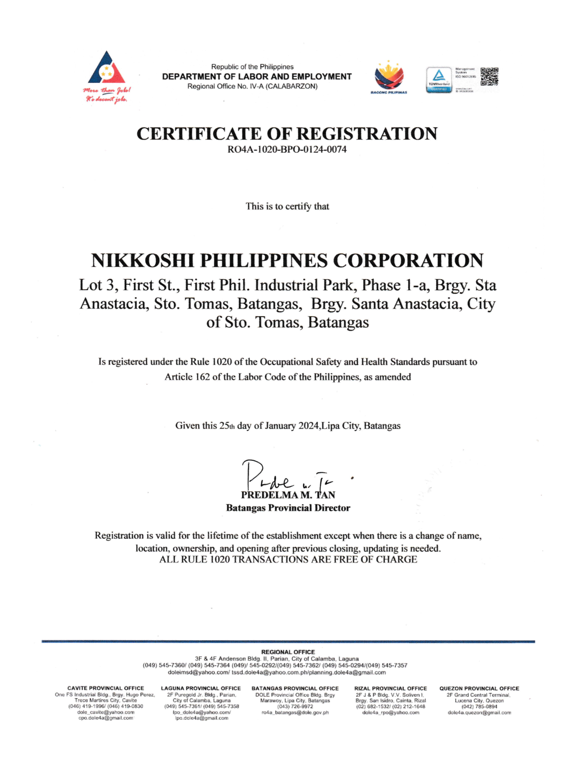 Recognitions and Certifications - Nikkoshi Philippines Corporation