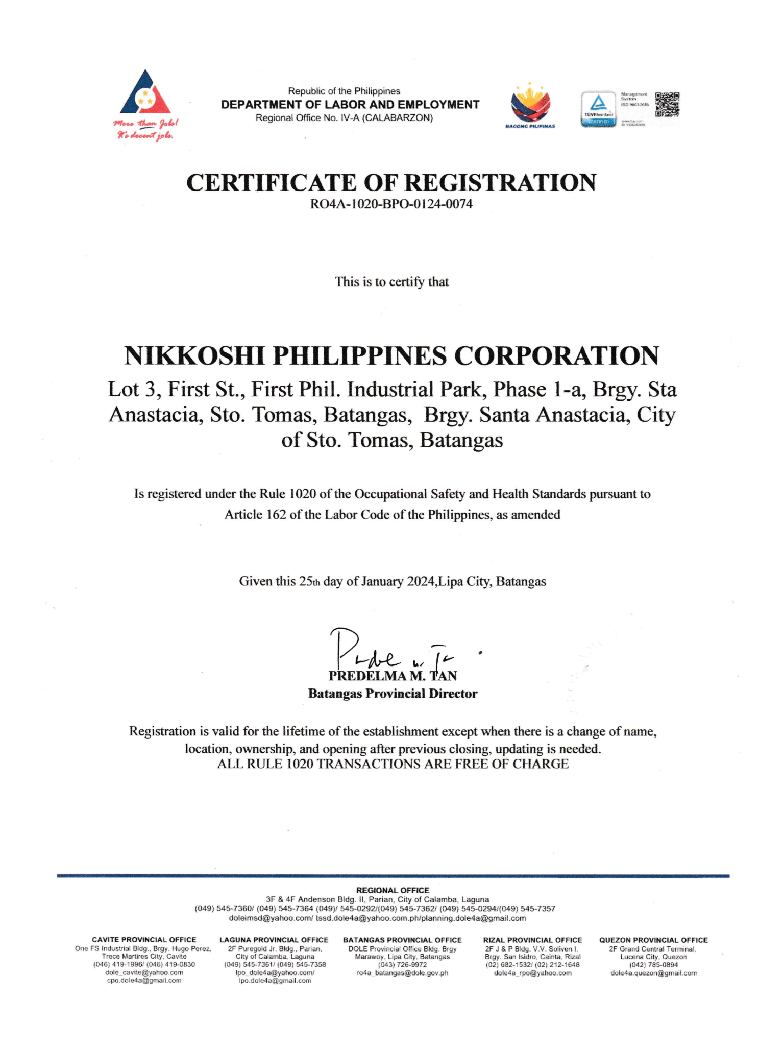 Recognitions and Certifications - Nikkoshi Philippines Corporation