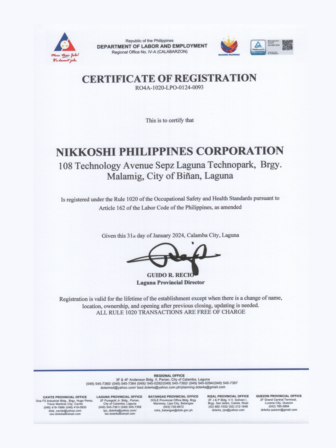 Recognitions and Certifications - Nikkoshi Philippines Corporation