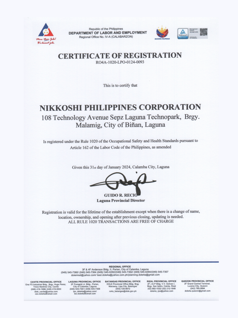 Recognitions and Certifications - Nikkoshi Philippines Corporation