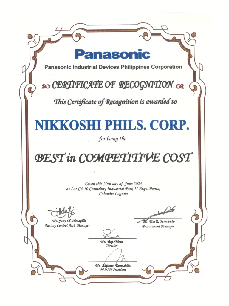 Recognitions and Certifications - Nikkoshi Philippines Corporation