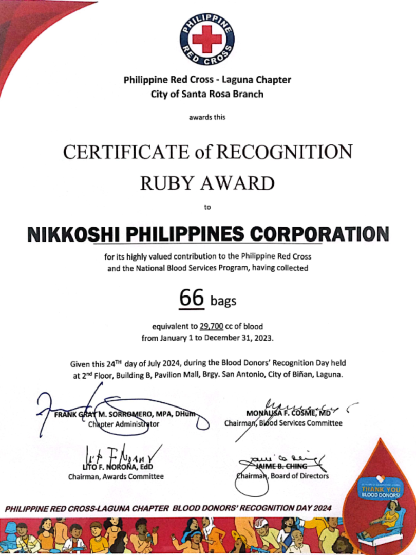 Recognitions and Certifications - Nikkoshi Philippines Corporation